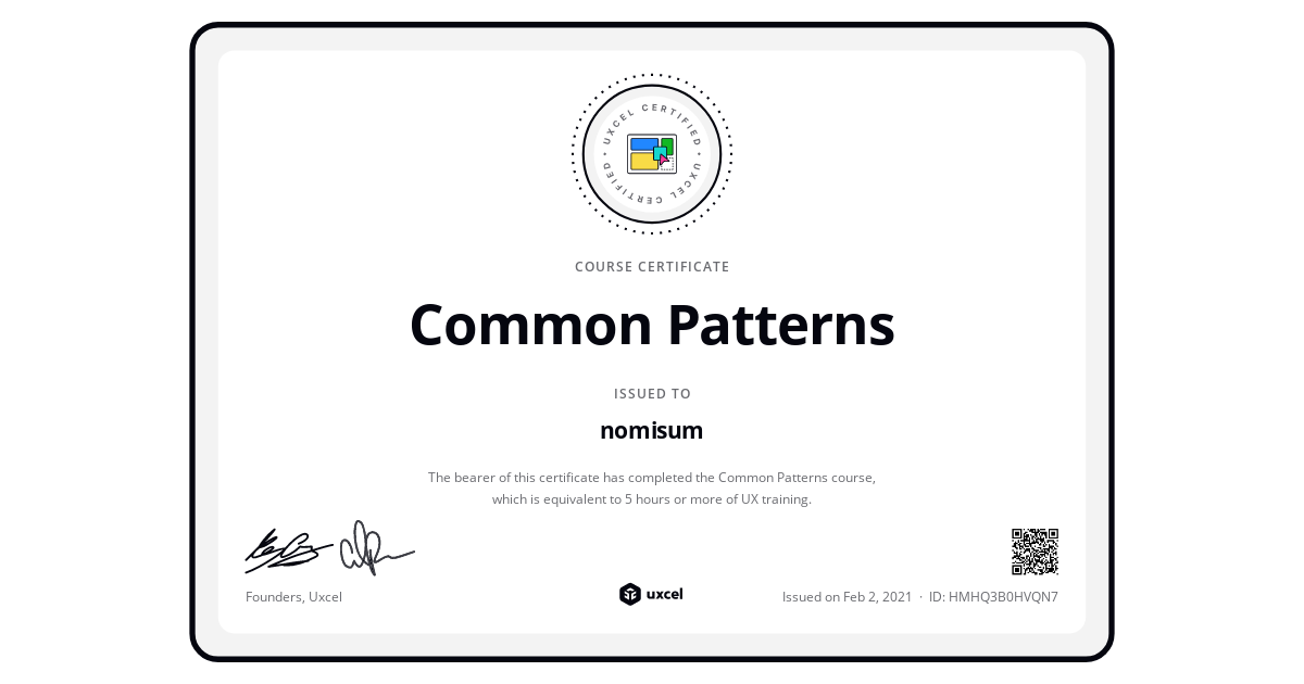 Certificate of completion for Common Design Patterns | Uxcel